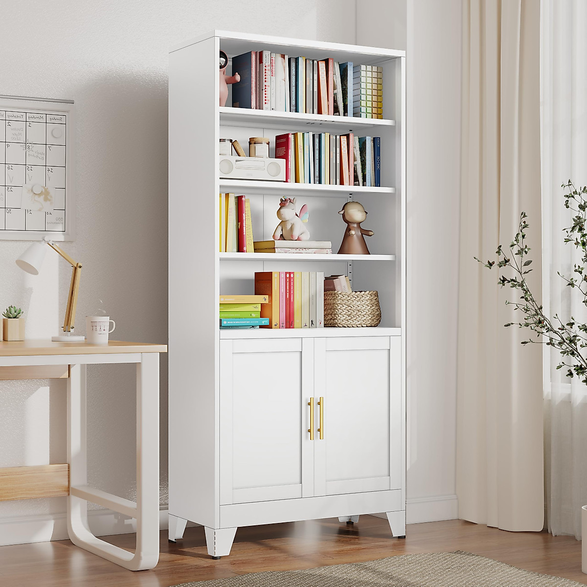 KAIFAM 75 Inch Tall Bookshelf with Doors, Metal Bookcase with Storage Cabinet and Adjustable Shelves, 6 Tier Floor Standing Display Storage Shelves for Living Room, Bedroom, Office, (White)