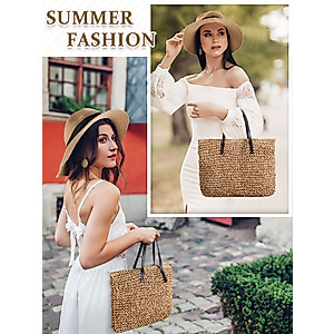 Coume Straw Large Beach Bag for Women's Woven Beach Bag and Beach Hats Set Beach Earring Handmade Shoulder Bag Handbag Bohemia Set(Khaki)
