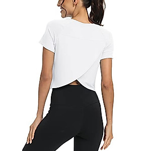 Mippo Crop Workout Tops Gym Shirt Athletic Wear Yoga Apparel Exercise Fitness Crop Top Going Out Tshirts Dance Pilates Clothes for Women White M