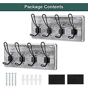 Key Holder for Wall Set of 2, Wall Mounted Coat Racks Wood Rustic Hat Holder with 4 Hooks, Towel Hook Hanger for Entryway Living Room Bedroom Kitchen Bathroom (Gray White)