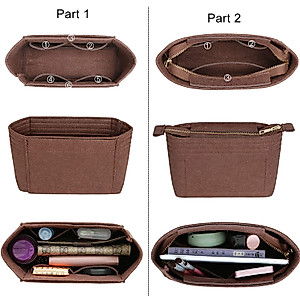 HyFanStr Felt Insert Bag Organizer with Zipper, Small Handbag Purse Organizer Tote Liner Pouch for Women, 2 Pcs Set Coffee