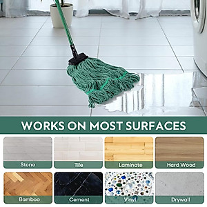 Matthew Large Heavy Duty Mop Head Commercial Replacement for General and Floor Cleaning, Screw-on Wet Industrial Cotton Looped End String Head Refill (Green 2Pack) w/Built-in Flexible Bristle Brush
