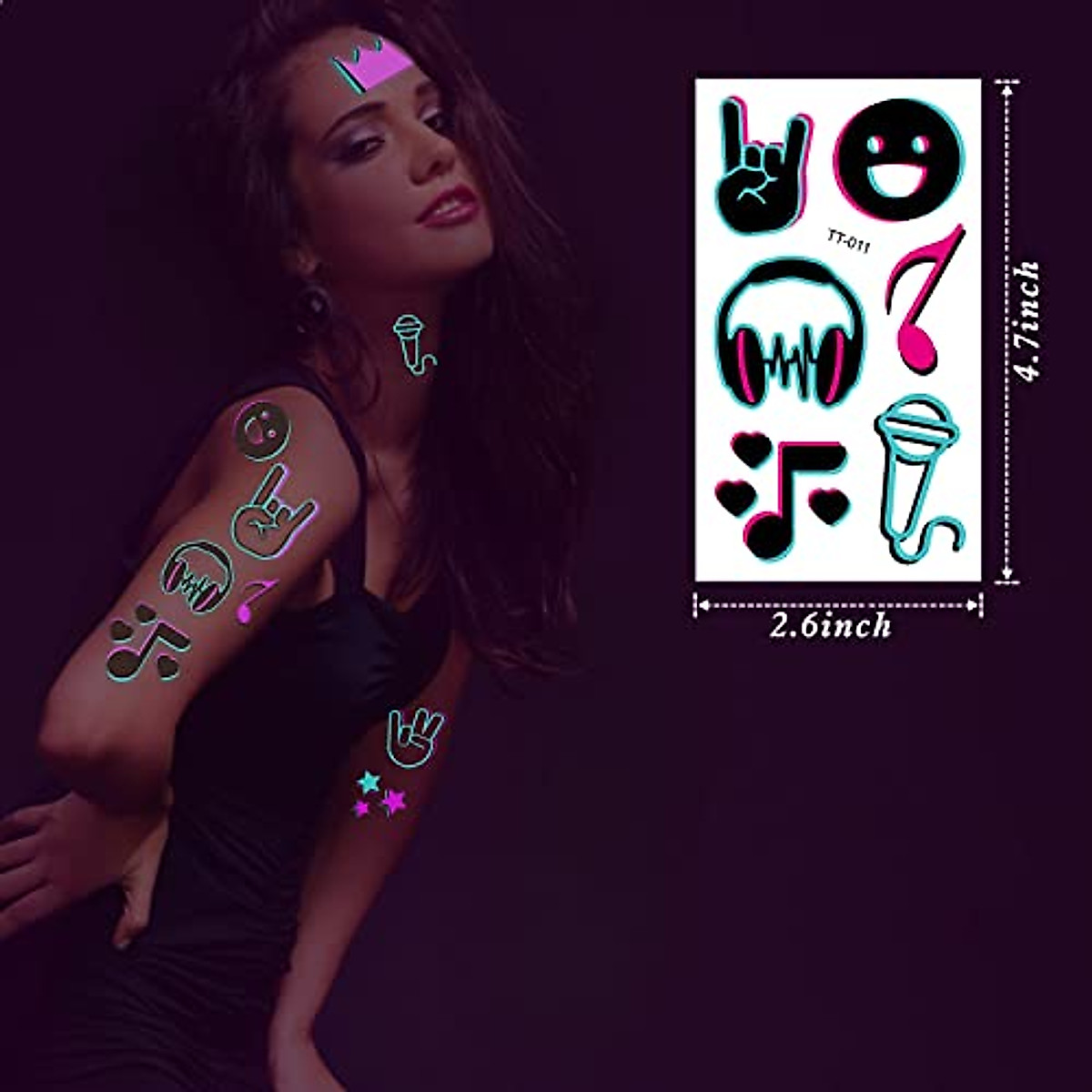 Konsait 10 Sheets Glow In The Dark Tattoos for Kids Adults, Safe and Easy to Use Neon Temporary Music Tattoos, Music Notes UV Blacklight Tattoos, Glow In The Dark Party Makeup Supplies Party Favors