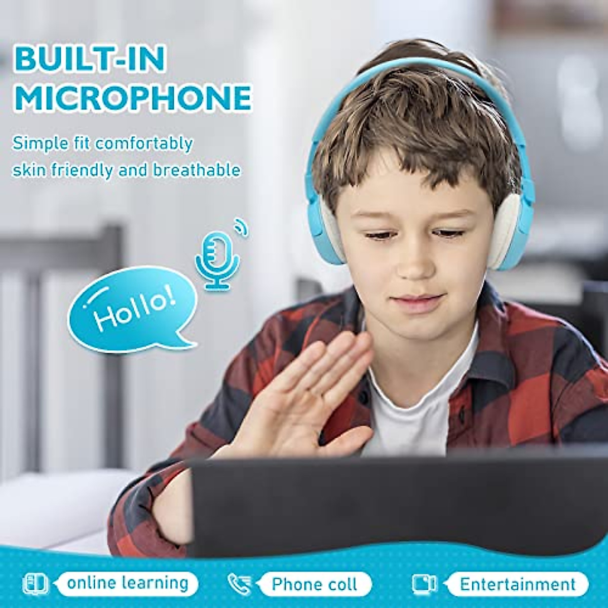 SHON Kids Wireless Fold On-Ear Headphones - Blue Foldable Stereo with 3.5mm Jack Wired Kids Headphones,for Kids/Teen/Boy/Girl/Smartphone/School/Kindle/Airplane Travel/Airplane/Tablet (Blue)