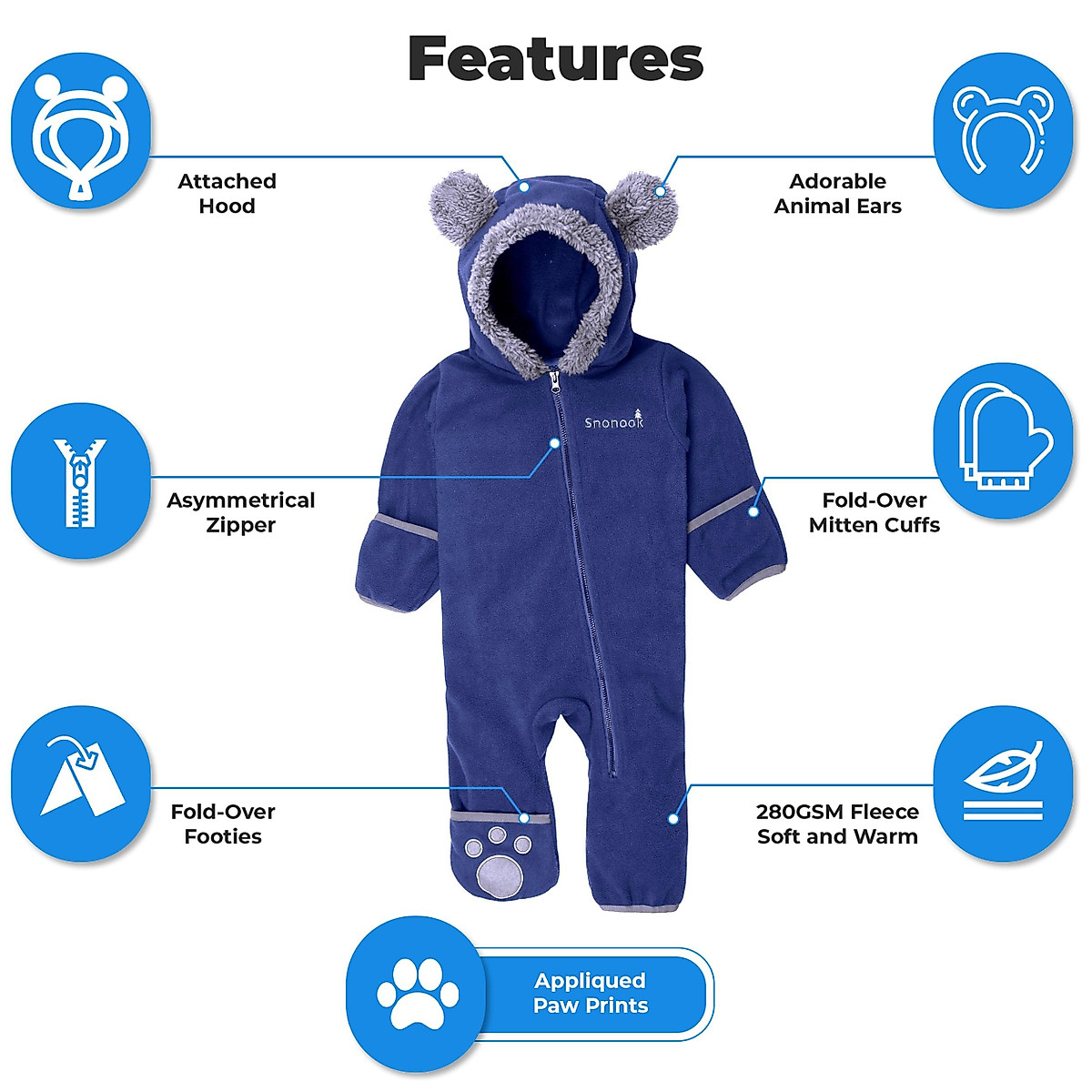 Snonook Fleece Baby Jacket - Winter Suit Bunting Bodysuit with Fold Over Mittens & Footies, Hooded & Zipper Down, Soft Cozy Warm Jumpsuit for Infants, Midnight Navy, 12/18 months