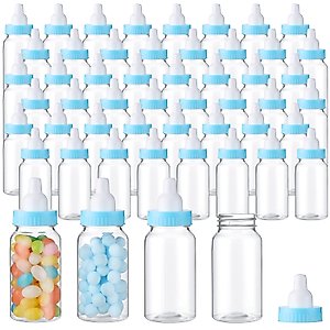 48 Pcs 4.5 Inch Baby Bottle Shower Favor Mini Plastic Candy Bottle Baby Shower Bottles Fillable Feeding Bottle Candy Box for Party Boy Girl Birthday Newborn Baby Baptism with Removable Blue Tops