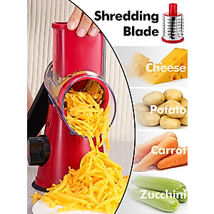 LucGee Rotary Cheese Grater with Handle - 3 in 1 Cheese Shredder Rotary Grater Stainless Steel Handheld, Vegetable Slicer for Fruit, Cheese, Nuts(Red)