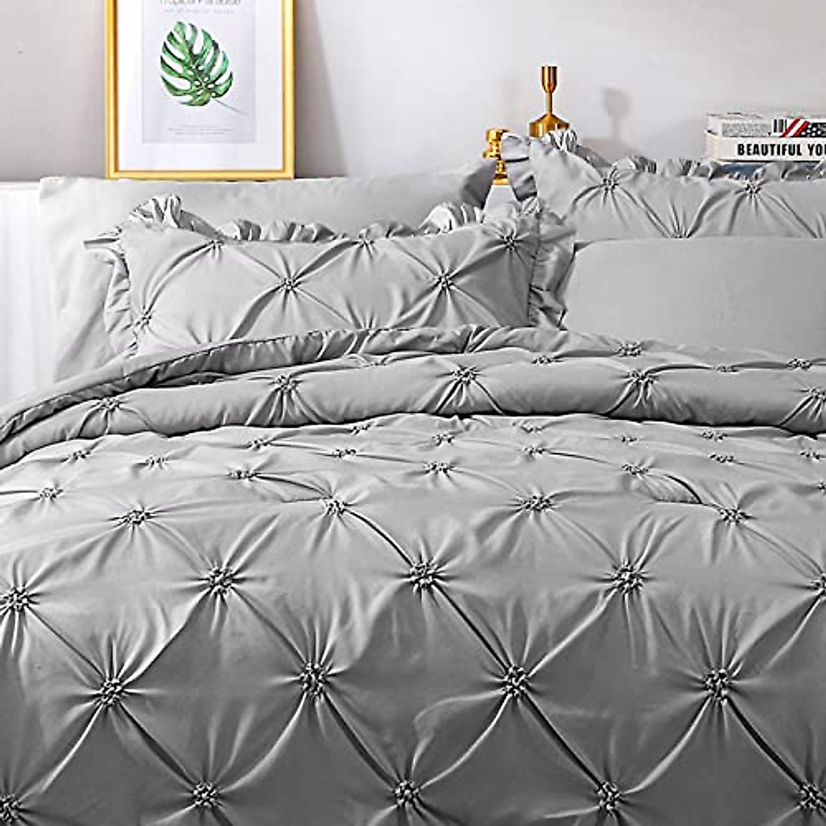 JOLLYVOGUE Queen Comforter Set 8 Pieces, Pintuck Gray Bed in a Bag Comforter Set for Bedroom, Beddding Sets with Comforter, Sheets, Bed Skirt, Ruffled Shams & Pillowcases