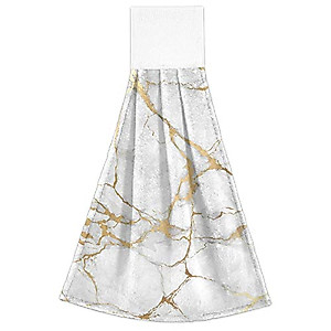 Selerdon Kitchen Hand Towel White Marble Hanging Tie Towels 2 Pieces Fast Dry Absorbent Soft Touch Hanging Kitchen Towels Used for Home Kitchen Bathroom Decoration