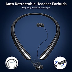 Neckband Bluetooth Headphones, Retractable Earbuds Wireless Headset Sports Noise Cancelling Stereo Earphones with Microphone Compatible with iPhone, Android, Samsung, iPad, PC (Black)