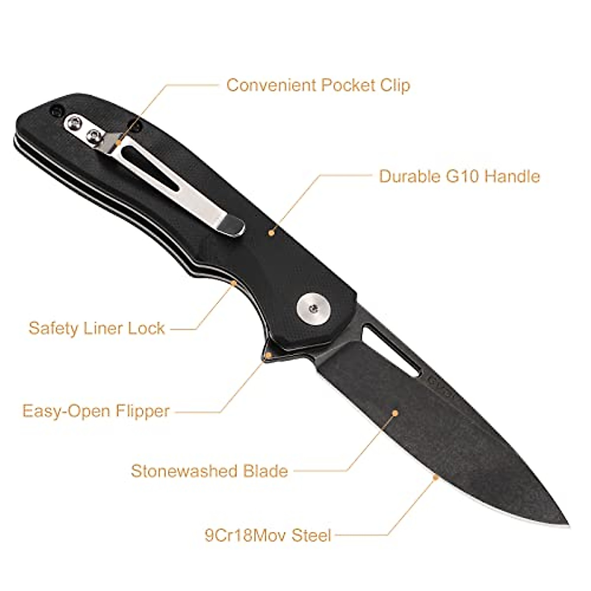 GVDV 9Cr18Mov Stainless Steel Pocket Knife with Ball Bearing Flipper, 3” Blade EDC Folding Knife for Hunting Camping Fishing, Gifts for Men Women, Medium (Black)