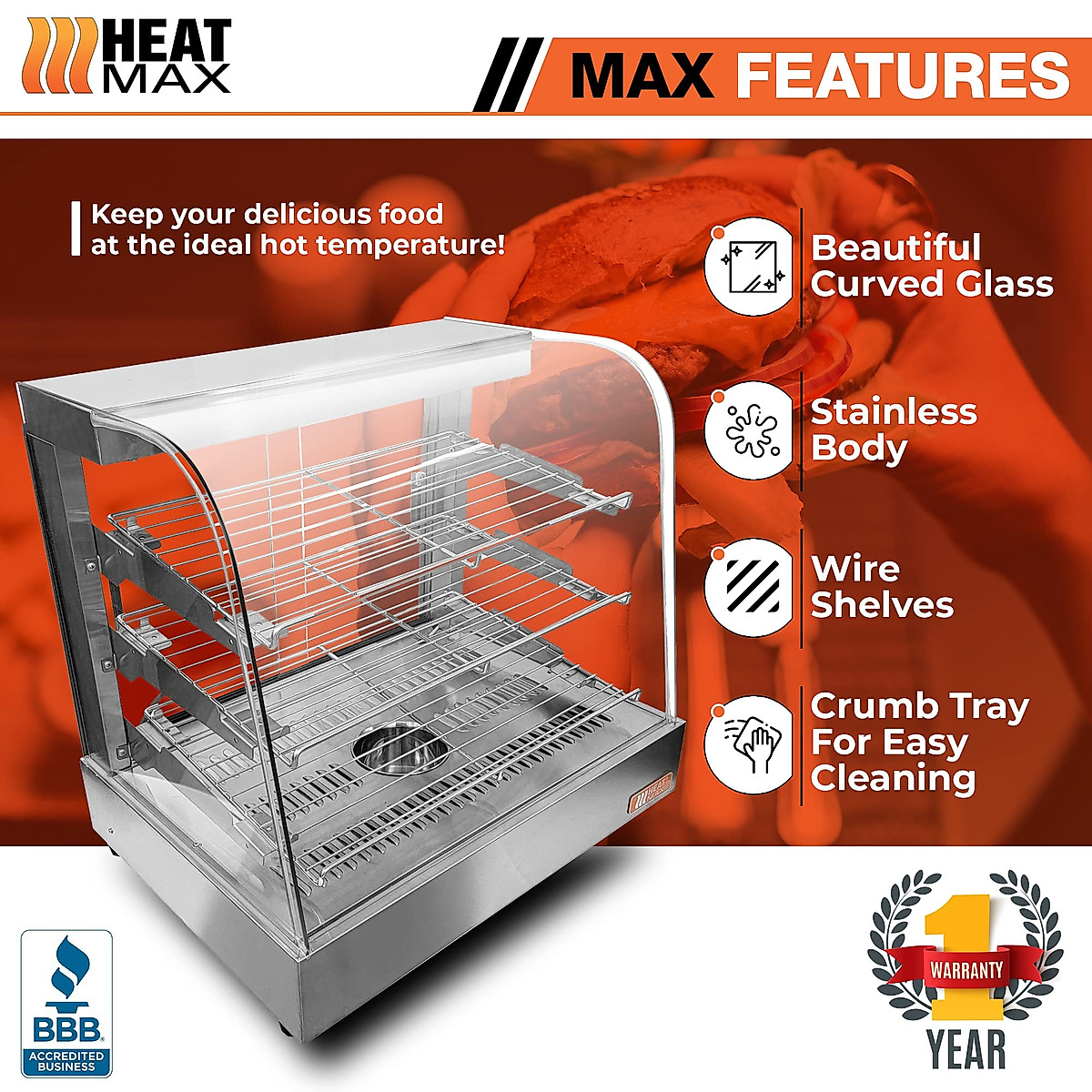 HeatMax 251823 Commercial Electric Stainless & Curved Glass Food Warmer Display Case for Pizza, Chicken, Burgers, Patties, Empanadas or any Hot Food
