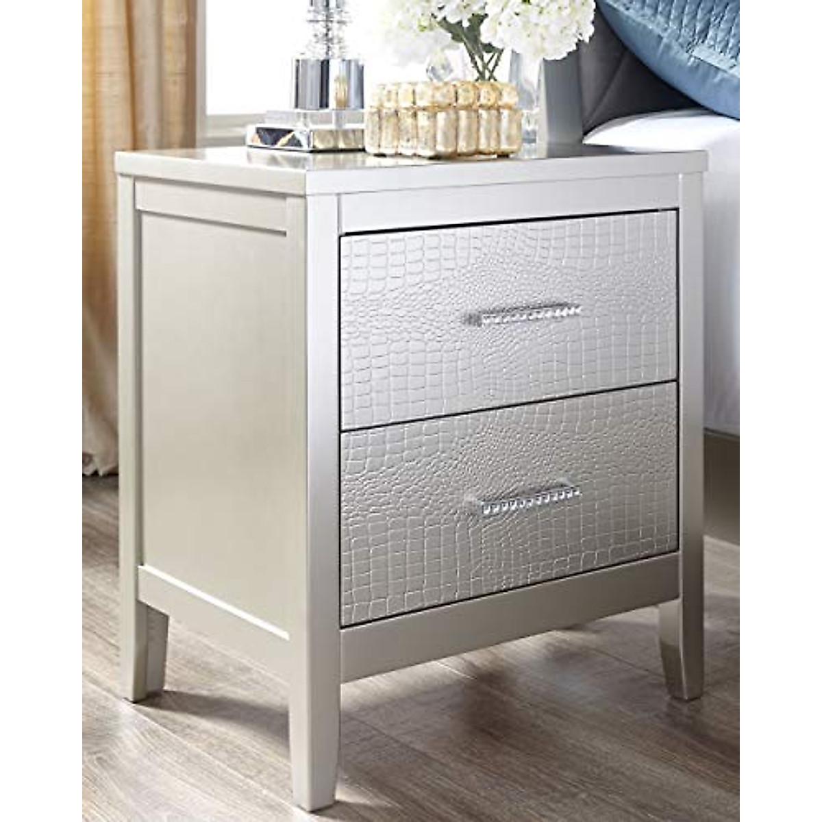 Signature Design by Ashley Olivet Glam 2 Drawer Nightstand with Faux Shagreen Drawer Fronts, Silver