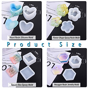 Box Resin Molds Silicone, 4 Pcs Jewelry Epoxy Mold Sets with Heart Shape, Hexagon, Square and Flower for Storing Earrings, Rings, Coins, Keys or Making Flower Pot, Ashtray, Pen & Candle Holder