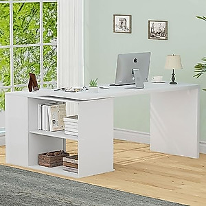 HSH White L Shaped Desk with Drawers Shelves, Corner Home Office Desk L Shape with Storage Cabinet, Large Wood Computer Desk for PC Executive Work Writing Study, Modern Living Room Bedroom Table,60 In