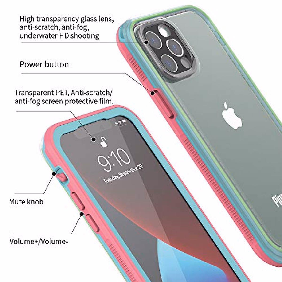 PINGTEKOR iPhone 12 Pro Max Waterproof Case,IP68 Full Sealed Snowproof Dustproof Shockproof Heavy Duty Protection Cover with Screen Protector and Translucent Back Cover for iPhone 12 Pro Max 6.7 Inch