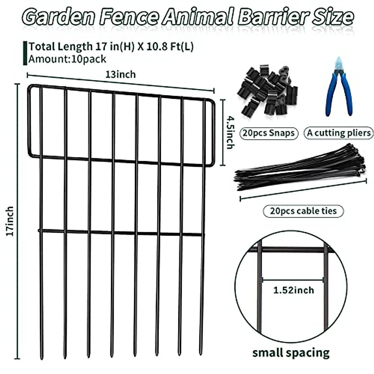 10 Pcs Animal Barrier Fence, 1.52inch Spike Spacing No Dig Fence 13"L x 17"H, Rustproof Metal Wire Fencing for Rabbits Dog Ground Stakes Defence and Outdoor Patio Decorative Fences Total Length 10.8Ft