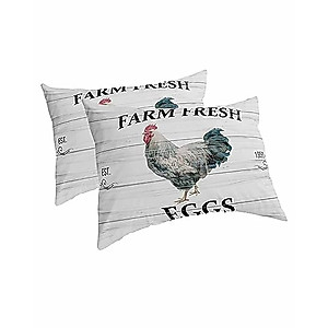 Edwiinsa Farmhouse Rooster Pillow Covers King Standard Set of 2 20x36 Bed Pillow, Farm Animals Rustic Oil Painting Wooden Plush Soft Comfort for Hair/Skin Cooling Pillowcases with Envelop Closure