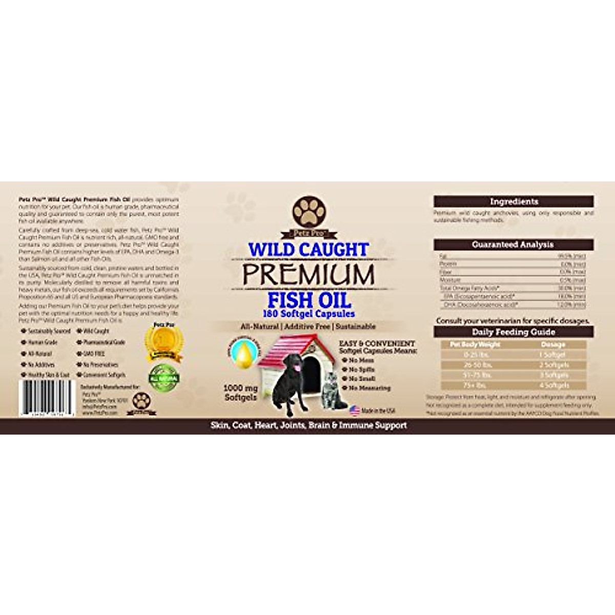 Omega 3 Wild Caught Fish Oil for Dogs EPA DHA, Higher in Omega 3 Fatty acids then Salmon oil, Pure No GMO, All Natural Food Supplement For Pet, 180 Softgels, 1000mg per capsule, No Mess No Smell!