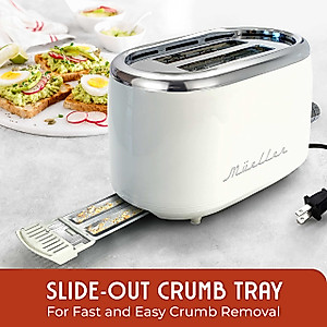 Mueller Retro Toaster 2 Slice with 7 Browning Levels and 3 Functions: Reheat, Defrost & Cancel, Stainless Steel Features, Removable Crumb Tray, Under Base Cord Storage, White