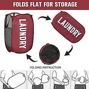 Mesh Popup Laundry Hamper 2 Pack Collapsible Laundry Basket Dirty Clothes Baskets with Straps and Side Pockets Carry Handles for Kids Room,College Students Dorm or Travel (Red + Navy)