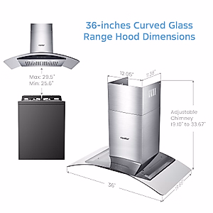 COMFEE' Curved Glass Range Hood 36 Inch 450 CFM 3 Speed Gesture Sensing &Touch Control Panel Stainless Steel Kitchen Ductless/Ducted Convertible with Baffle Filters and 2 LED Lights (CVG36W9AST)