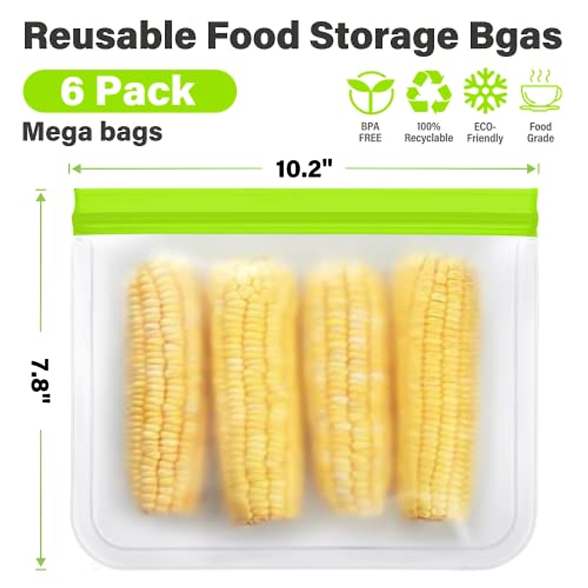 Reusable Food Storage Bags, 6 Pack BPA Free Reusable Freezer Bags, Reusable Sandwich Bags, Extra Thick Leakproof Food Grade Silicone Lunch Food Bags for Meat Veggies 6 Gallon Bags