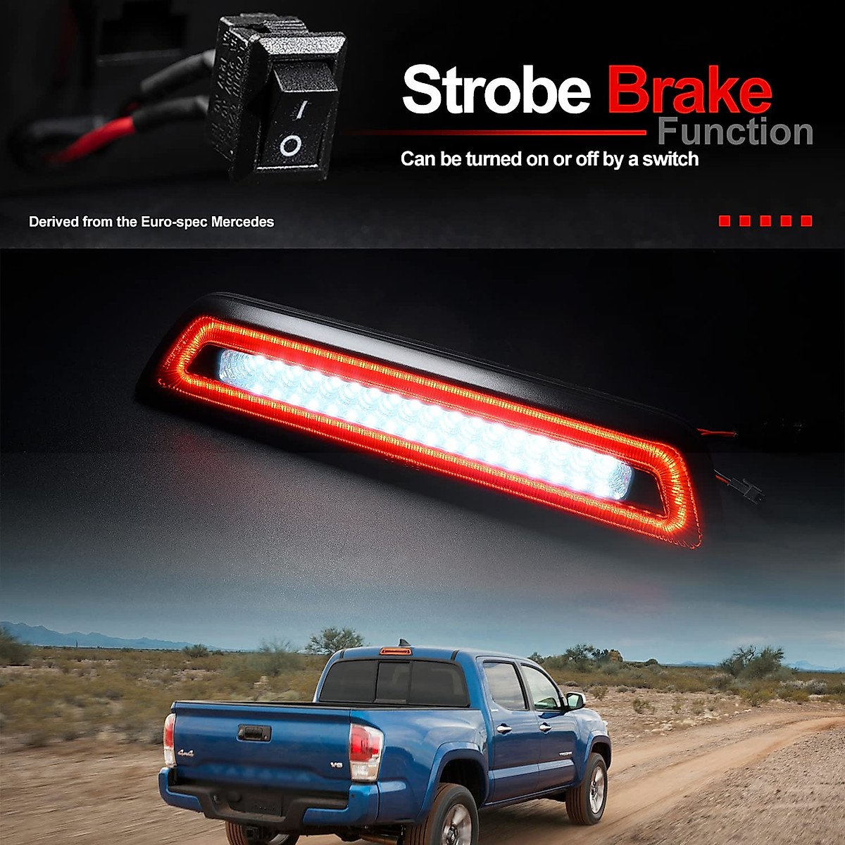 Led Third Brake Light Replacement for 2016 2017 2018 2019 2020 2021 2022 To-yota Tacoma SR SR5 TRD Pickup Trucks Strobe Led 3rd Brake Center High Mount Stop Lamp White Cargo Light Kit Smoked Lens