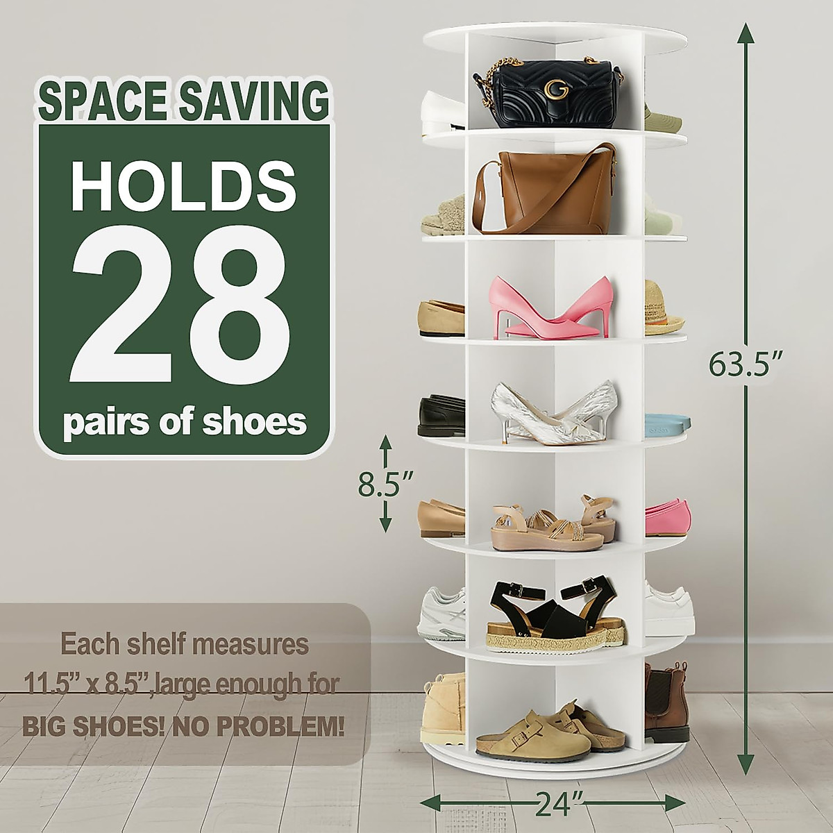 Rotating Shoe Rack Tower, 7-Tier Spinning Shoe Rack，360 Rotating Shelf Shoe Carousel Closet Organizer, Lazy Susan Shoe Cabinet for Entryway Hallway, Modernas Zapatero Giratorio, White