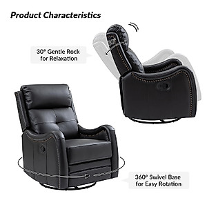 HULALA HOME Genuine Leather Swivel Rocker Recliner with Adjustable Backrest & Footrest, Manual Glider Reclining Chair for Living Room Bedroom, Home Theater Sofa Chair with 360° Swivel Base (Black)