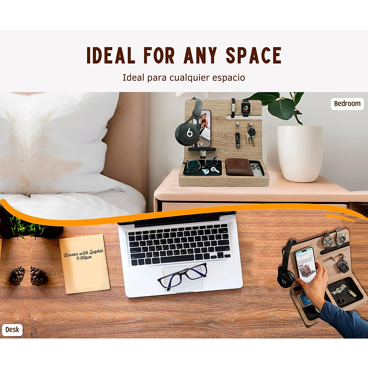 Namore | Gift for Men Husband, Anniversary, Birthday | Wood Phone Docking Station | Ideal as Office and Nightstand Organizer | Organize your Watch, Wallet, Cellphone, Keys, Airpods