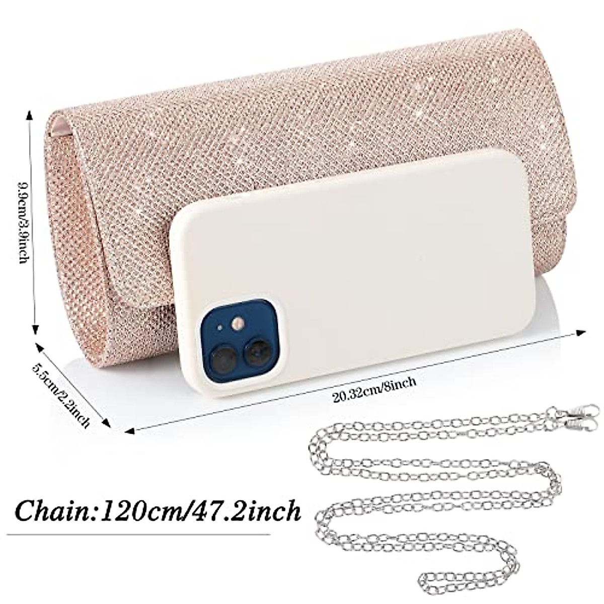 Kajaia 2 Pieces Evening Formal Purses for Women Shiny Clutch Purses Glitter Handbags with Chain Envelope Purses for Wedding Party (Gold, Rose Gold)