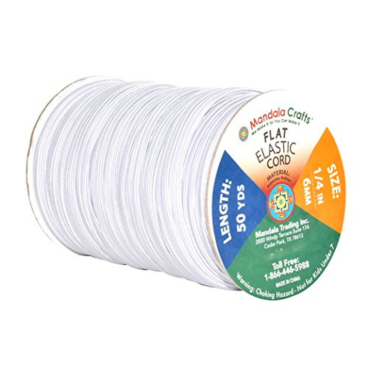 Mandala Crafts Flat Elastic Band, Braided Stretch Strap Cord Roll for Sewing and Crafting; 1/4 inch 6mm 50 Yards White