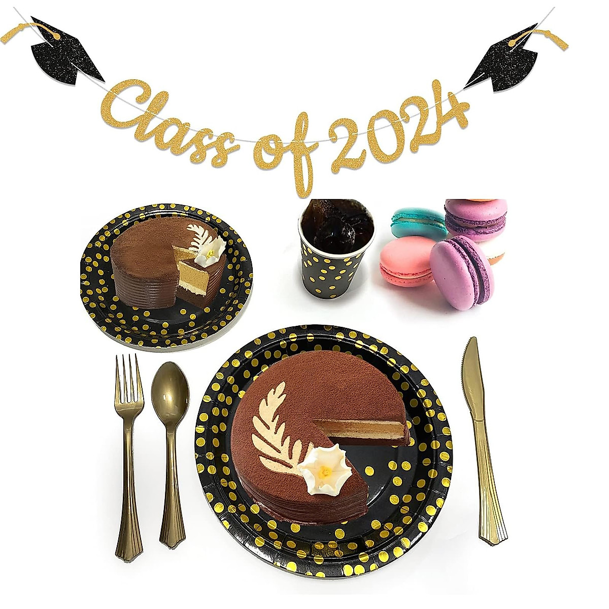 New Years Eve Party Supplies 2025 Christmas Decorations Party Plates Napkins Set Black and Gold Party Supplies 350 Pcs Disposable Paper Plates Napkins Gold Fork Knives Spoon, Serves 50