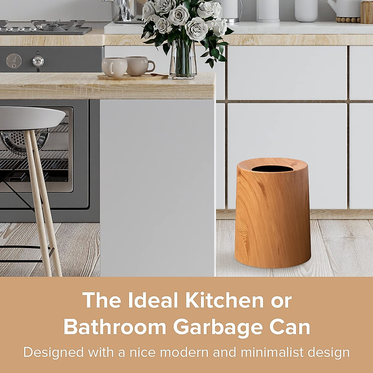 Anti Spill Wood Style Waste Basket - Kids and Pet Proof Garbage Container - Open Top Indoor Outdoor Trash Can - 12L/3.2Gal Capacity - Patio Garbage Can - Round Sleek Garbage Bin - 10inx10inx12in