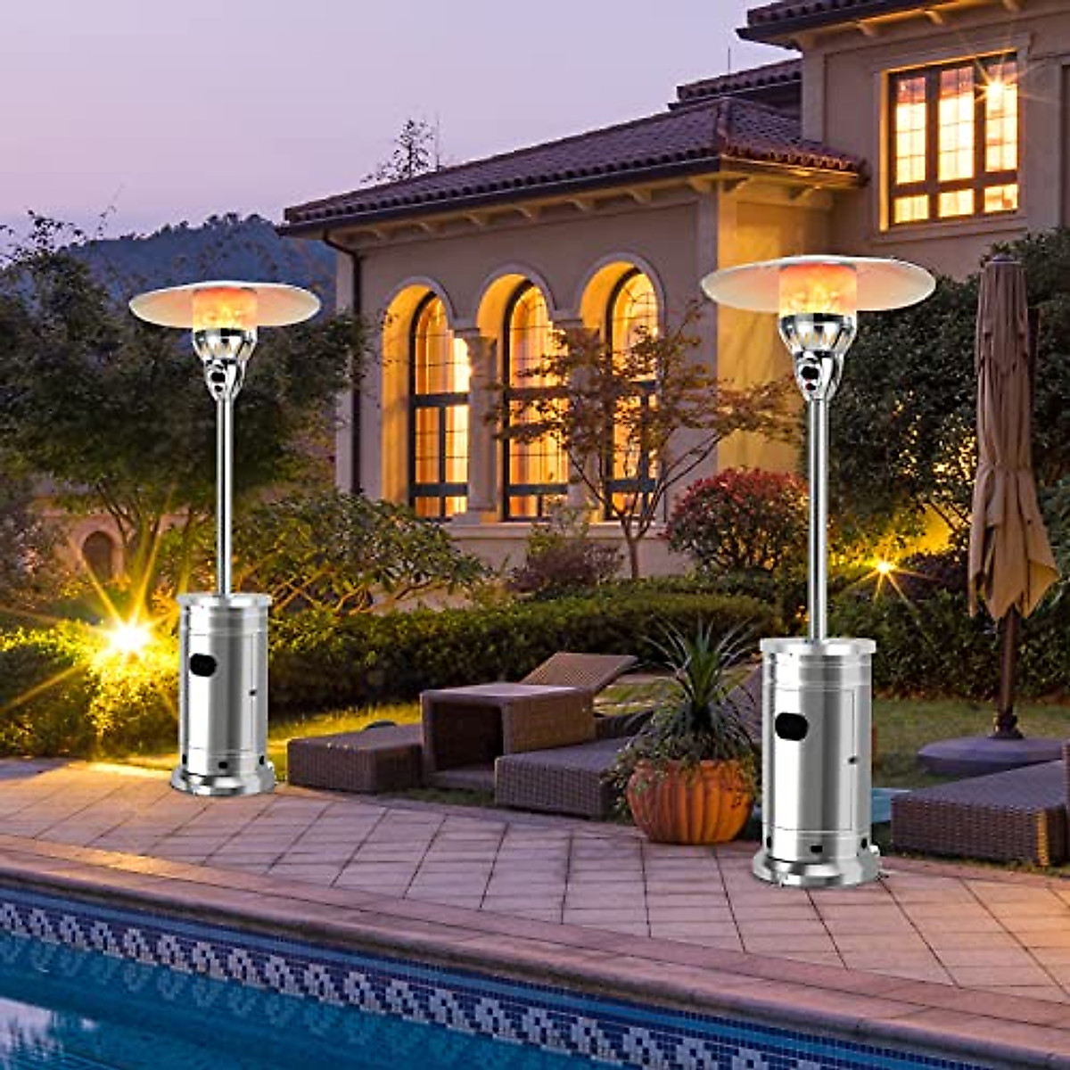 Tangkula 48,000 BTU Outdoor Patio Heater with Wheels, Stainless Steel Propane Heater with Tip-Over & Flameout Protection, Propane Gas Heater with Drink Shelf Table for Commercial & Residential