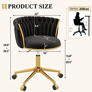 GOOLON Velvet Desk Chair, Modern Office Chair with Wheels, Home Swivel Vanity Armchair with Woven Back Comfy Height Adjustable Seat Sturdy Golden Metal Rolling Base for Makeup Bedroom, Black