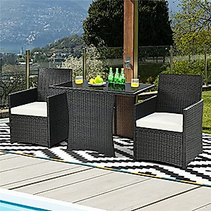 LUKEO 3PCS Patio Rattan Furniture Set Cushion Sofa Armrest Garden Deck White Easy to Assemble