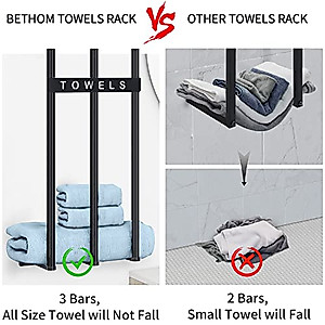 Wall Towel Rack for Rolled Towels, Bethom New Upgrade 3 Bar Towel Racks for Bathroom Wall Mounted, Bathroom Towel Storage, Metal Bath Towel Holder for Folded Large Towel Washcloths, Black