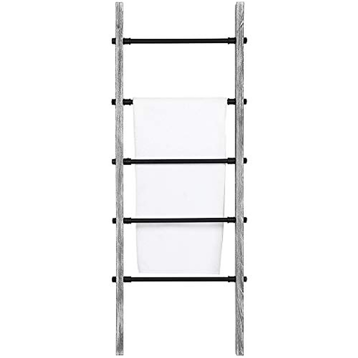 MyGift 5-ft Rustic Gray Washed Solid Wood Wall Leaning Blanket Ladder with 5 Metal Pipe Rungs, Bathroom Towel Ladder Rack