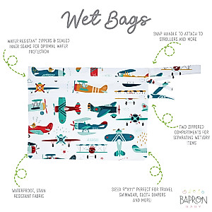 BapronBaby Retro Airplanes Wet Dry Bag - Waterproof Two Zipper Pockets - Reusable for Mealtime, Diapers, Stroller, Snacks, Swimsuits - Machine Washable - 11" x 9"