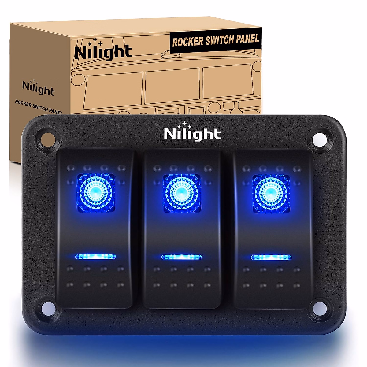 Nilight 90017C 3 Gang Aluminum Panel Toggle Dash 5 Pin On/Off Pre-Wired Rocker Switch Holder for Automotive Car Marine Boat, 2 Years Warranty,Blue