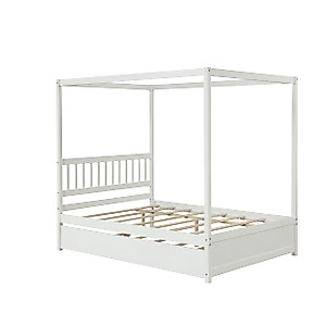 Bellemave Full Size Canopy Bed with Twin Trundle, Platform Bed with Headboard for Bedroom Guestroom Small Room, Solid Wood Bed Frame with Support Slats, Easy Assembly, No Box Spring Needed (White)