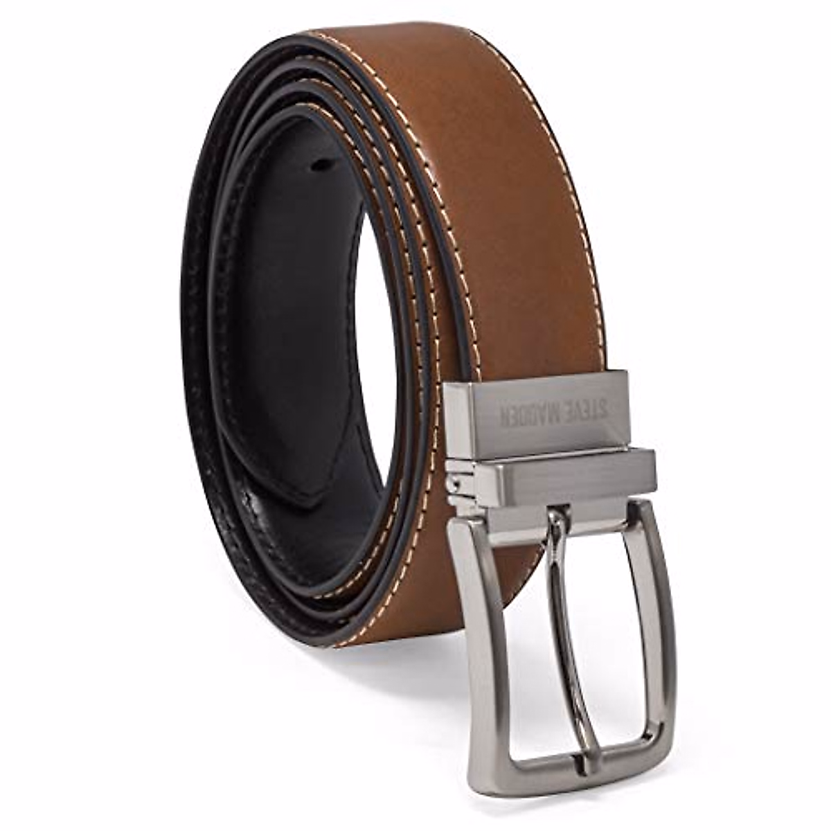 Steve Madden Men's Dress Casual Every Day Leather Belt, Cognac/Black (Feather Edge), 38