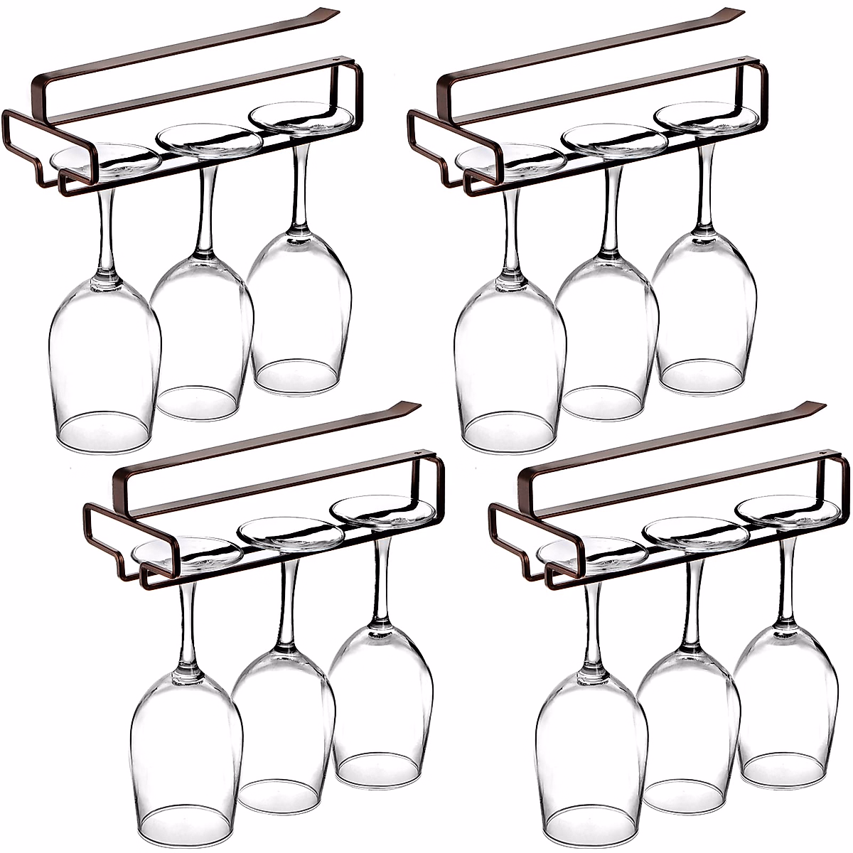 Lyellfe Set of 4 Wine Glass Rack, Under Cabinet Stemware Rack, Carbon Steel Wine Glass Holder Hanger for Shelf, Cabinet, Bar, No Drilling, Brown