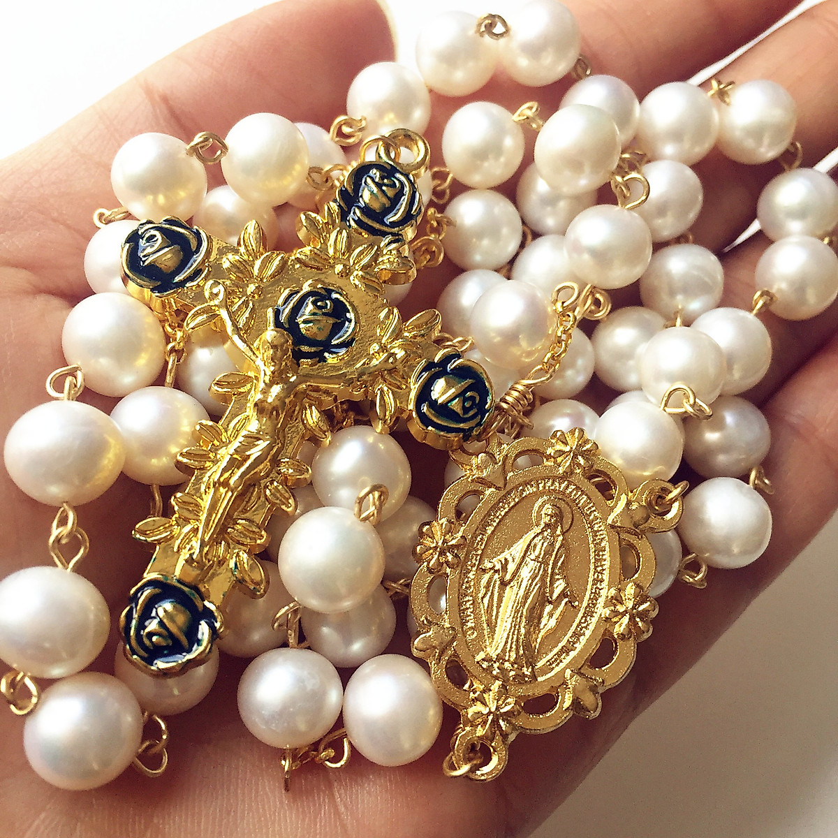 elegantmedical HANDMADE (AAA 10MM) Real Pearl BEADS CATHOLIC GOLD ROSARY CROSS GIFT NECKLACE Supper BOX