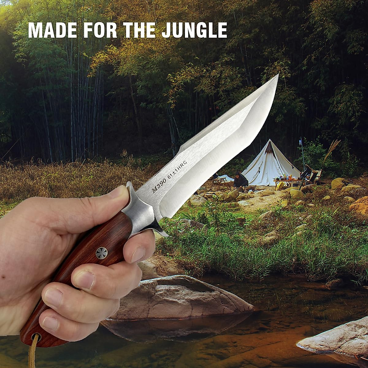 QIXENIO M390 Steel Handmade Hunting Knife, Fixed Blade Full-Tang with Leather Sheath, Red Wood Non-Slip Handle - Survival, Tactical, Camping knives