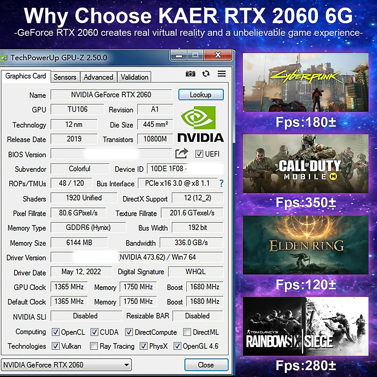 KAER Gaming GeForce RTX 2060 6GB GDRR6 192-Bit HDMI/DP/DVI 1680MHz Dual Fans ray-tracing Graphics Card