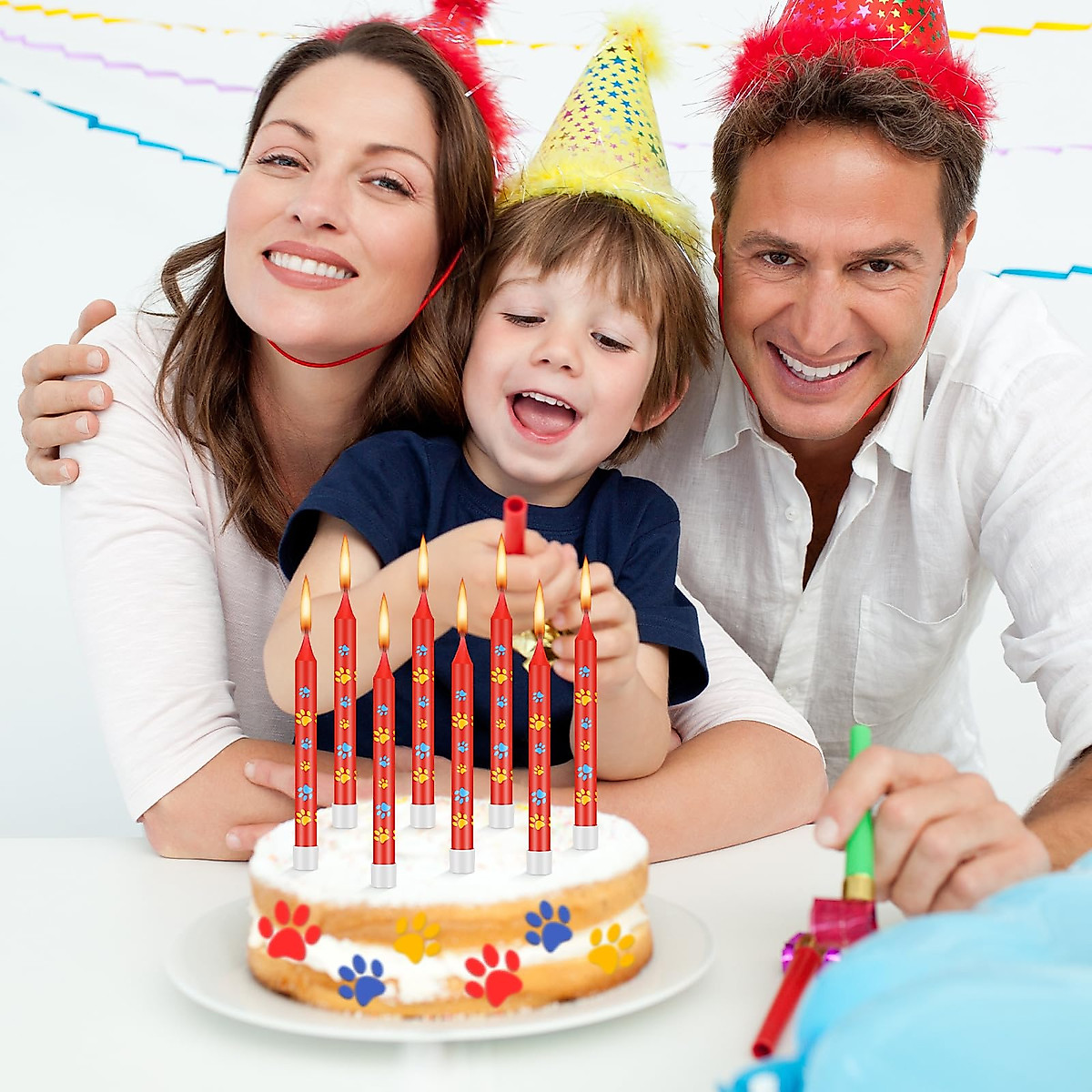 MTLEE 12 Pcs Dog Paw Birthday Candles Dog Patrol Toppers Candles Blue Yellow and Red Dog Paw Birthday Cake Topper for Kid Boy Girl Paw Birthday Decoration Dog Patrol Pet Puppy Cat Party Supplies