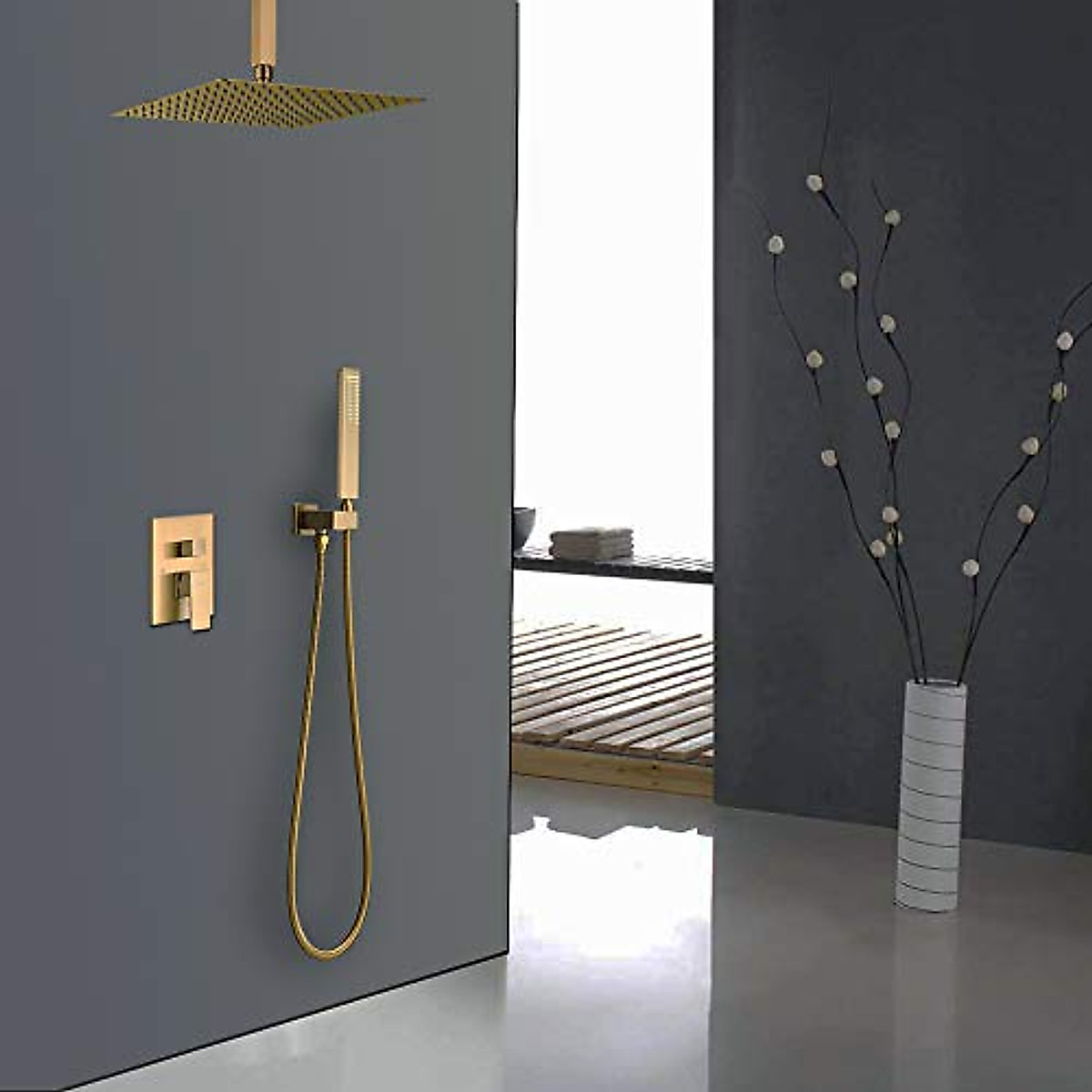 Iriber Champagne Bronze Ceiling Mount Rain Shower System with 12 Inch Shower Head and Handheld Bathroom Brushed Golden Shower Set Contain Shower Faucet Mixer Brush Gold Trim Kit (Valve Included)